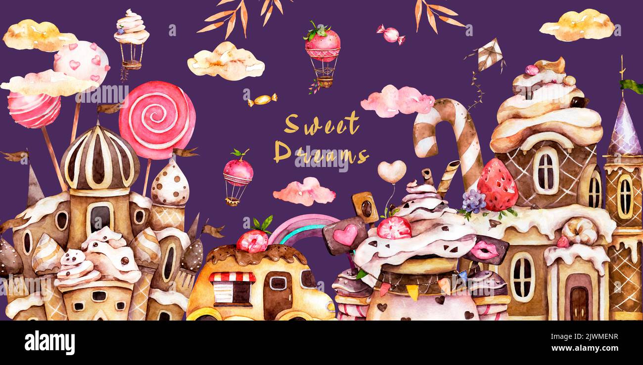 Sweet land watercolor illustration, wonderland. Cartoon fantasy candy ...