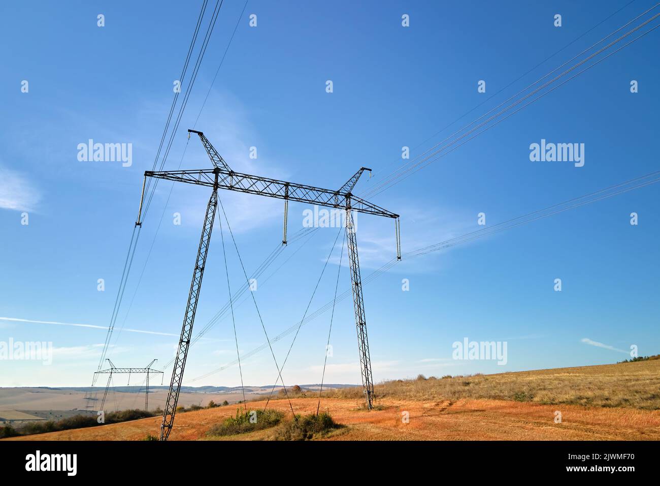 Steel pillar with high voltage electric power lines delivering ...