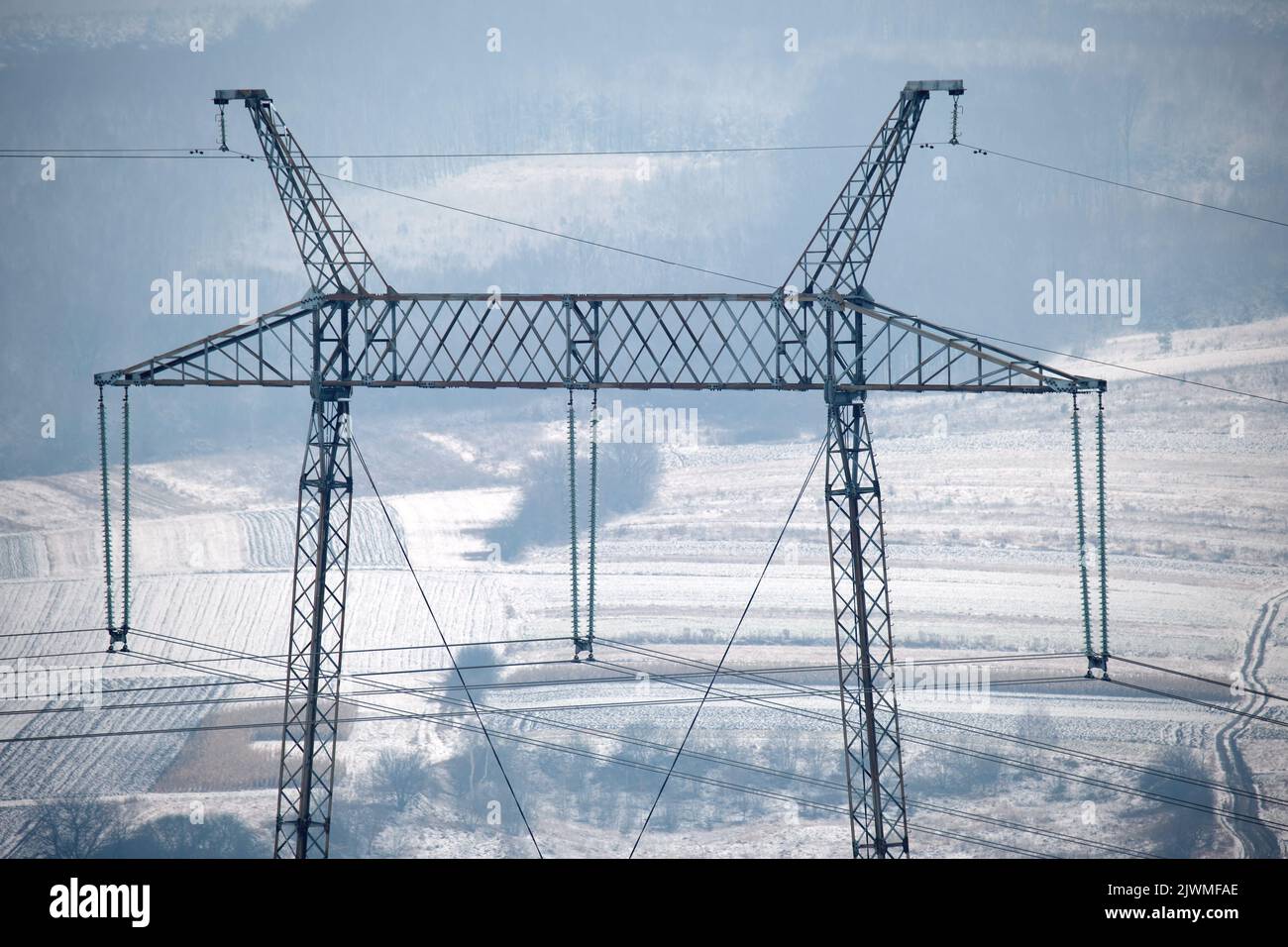 Steel pillar with high voltage electric power lines delivering ...