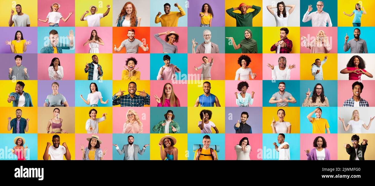 Happy emotional excited young and adult different guys and women ...