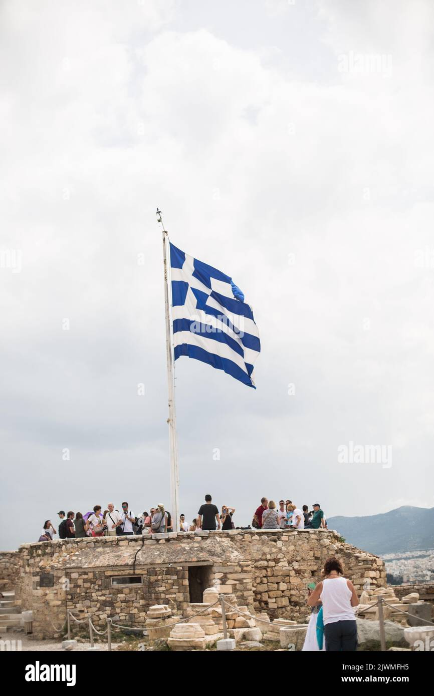 Greece National flag flying next to the Parthenon on Acropolis Stock ...