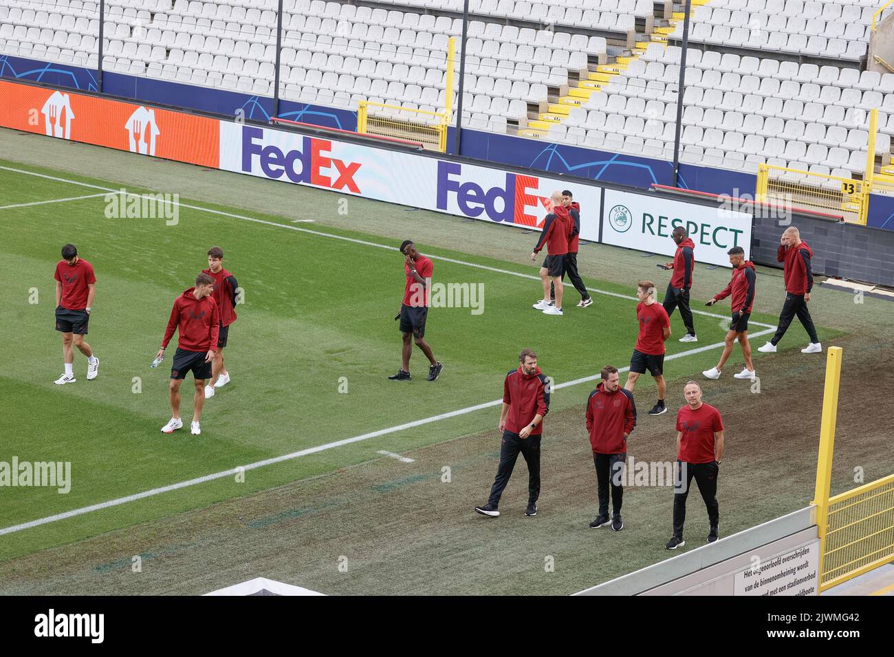Leverkusen's players arrive for a Stadium walkaround of German soccer ...