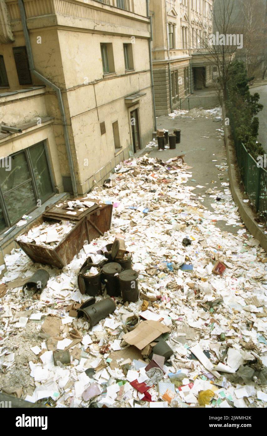 Bucharest, Romania, January 1990. Piles of trash behind a public ...