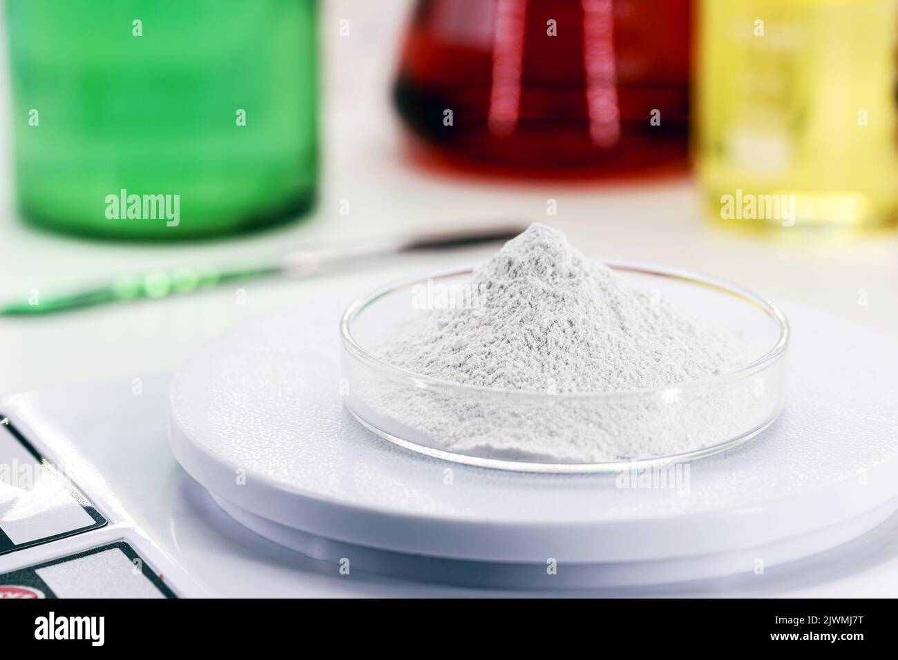 coloring pigments, colored iron oxide, in petri dish, laboratory ...