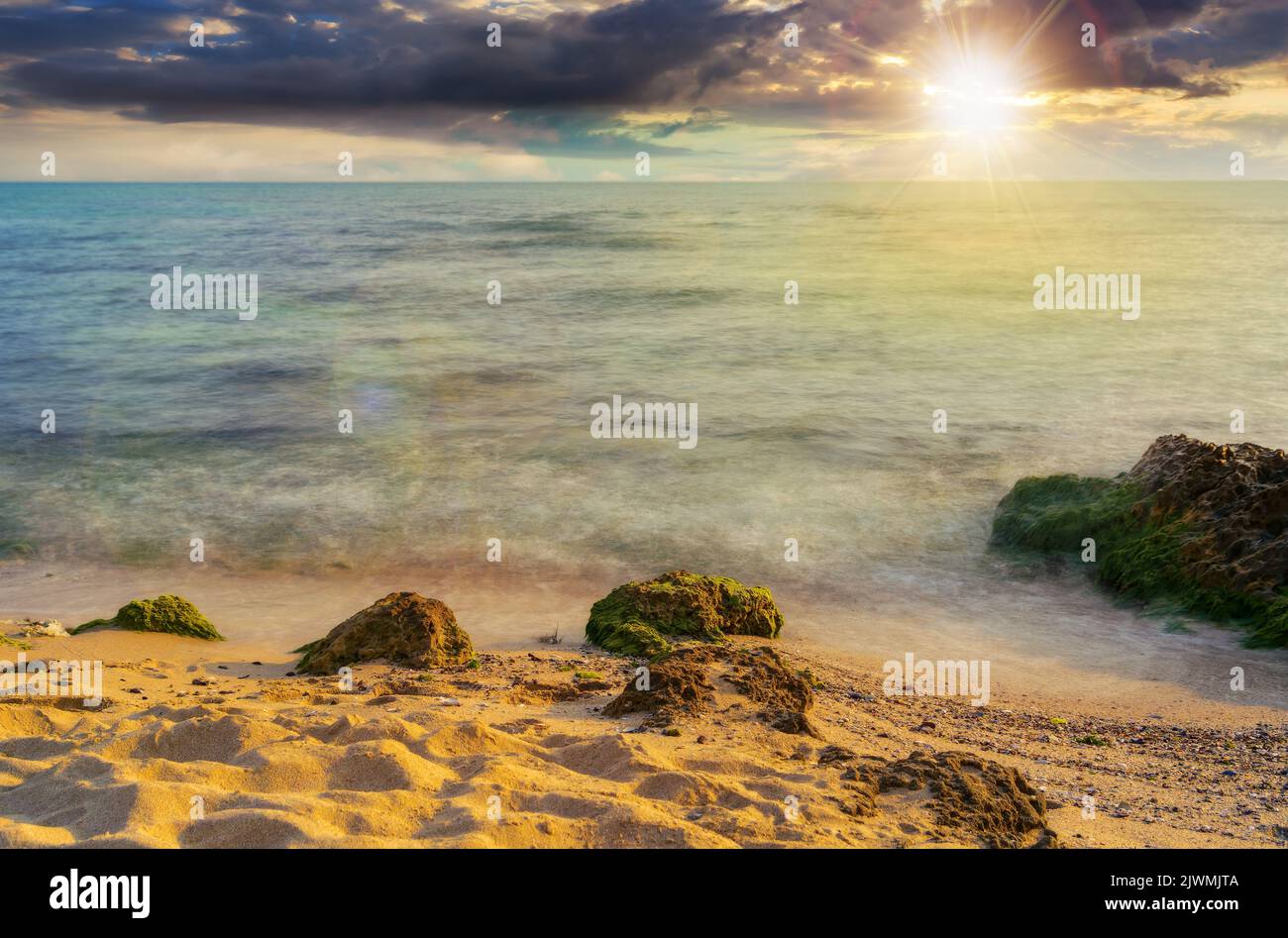 minimalistic seascape in summer at sunset. beach sea and horizon ...