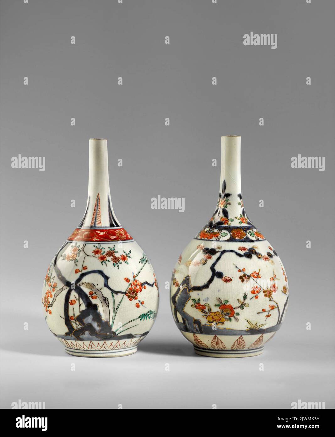 Sake bottle Imari decorated with plant motifs: the 'three friends of ...