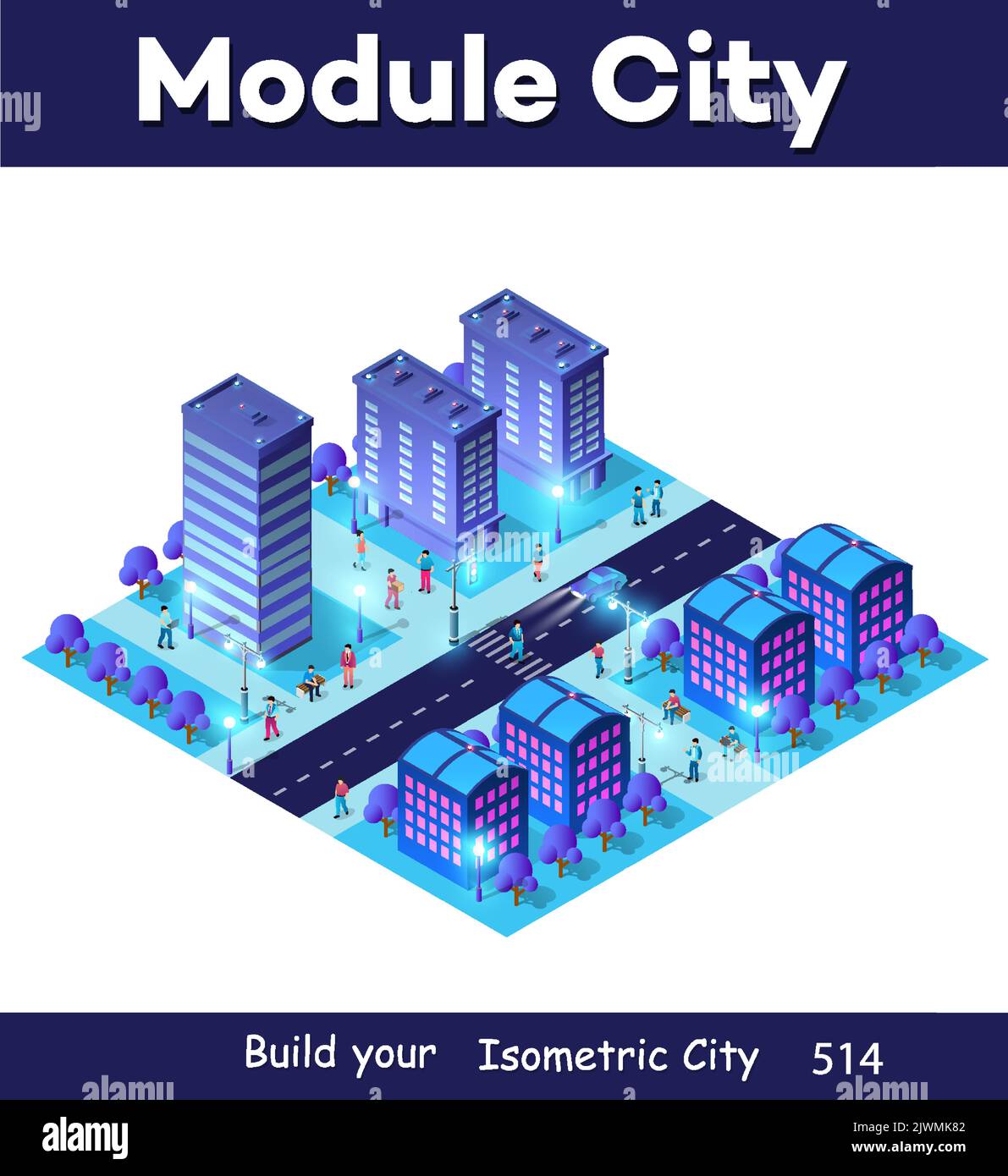 Night isometric smart blue ultraviolet block quarter city at night with ...
