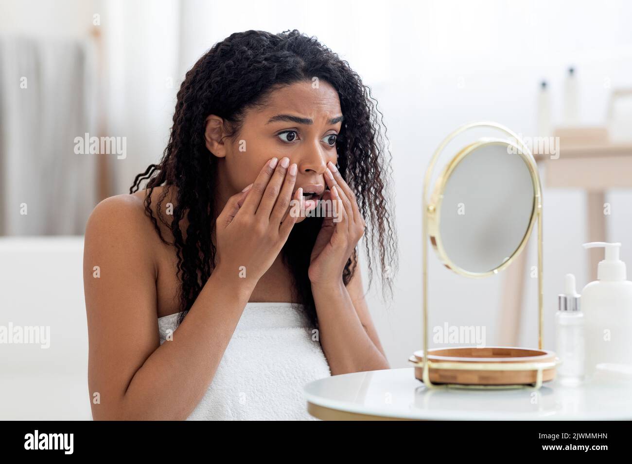 Skin Problems Concept. Shocked Black Female Looking At Mirror And ...