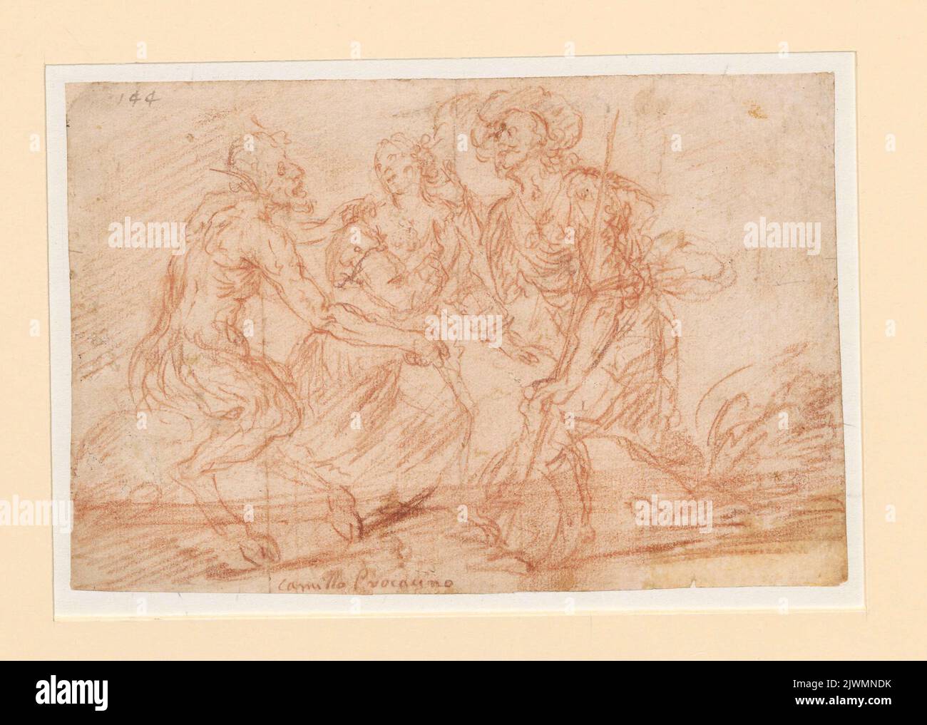 Woman sitting between a satyr to her left and a soldier to her right ...