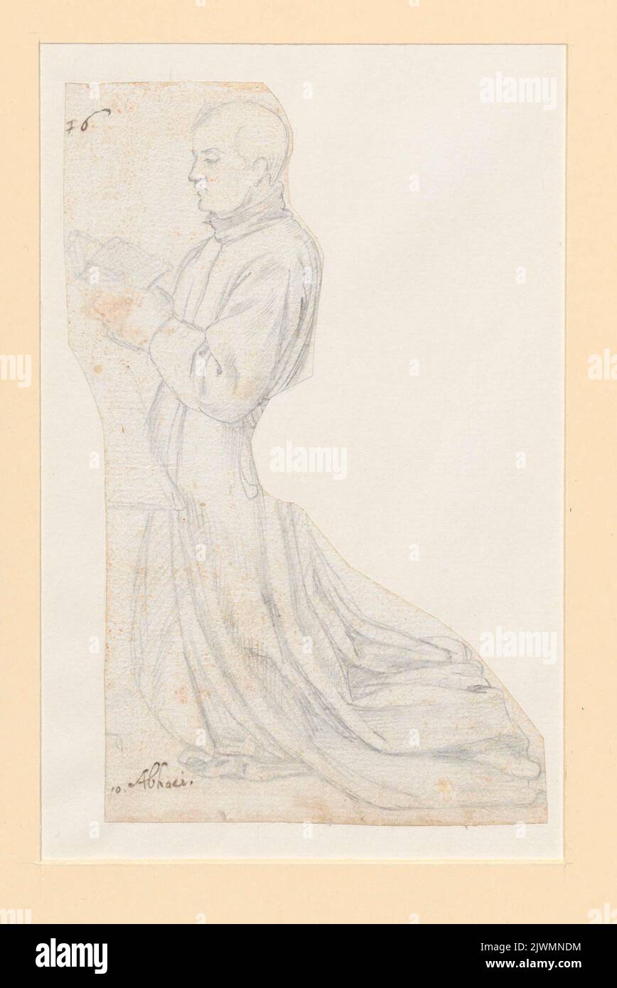 Kneeling monk, profile to the left, with a prayer book in his hands ...