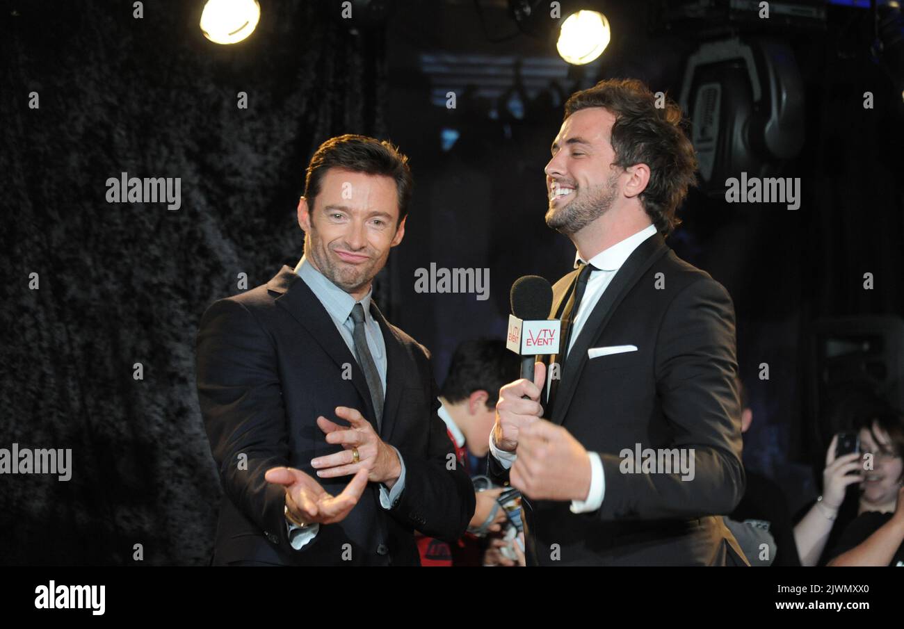 Australian actor Hugh Jackman (left) and host Darren McMullen at the ...