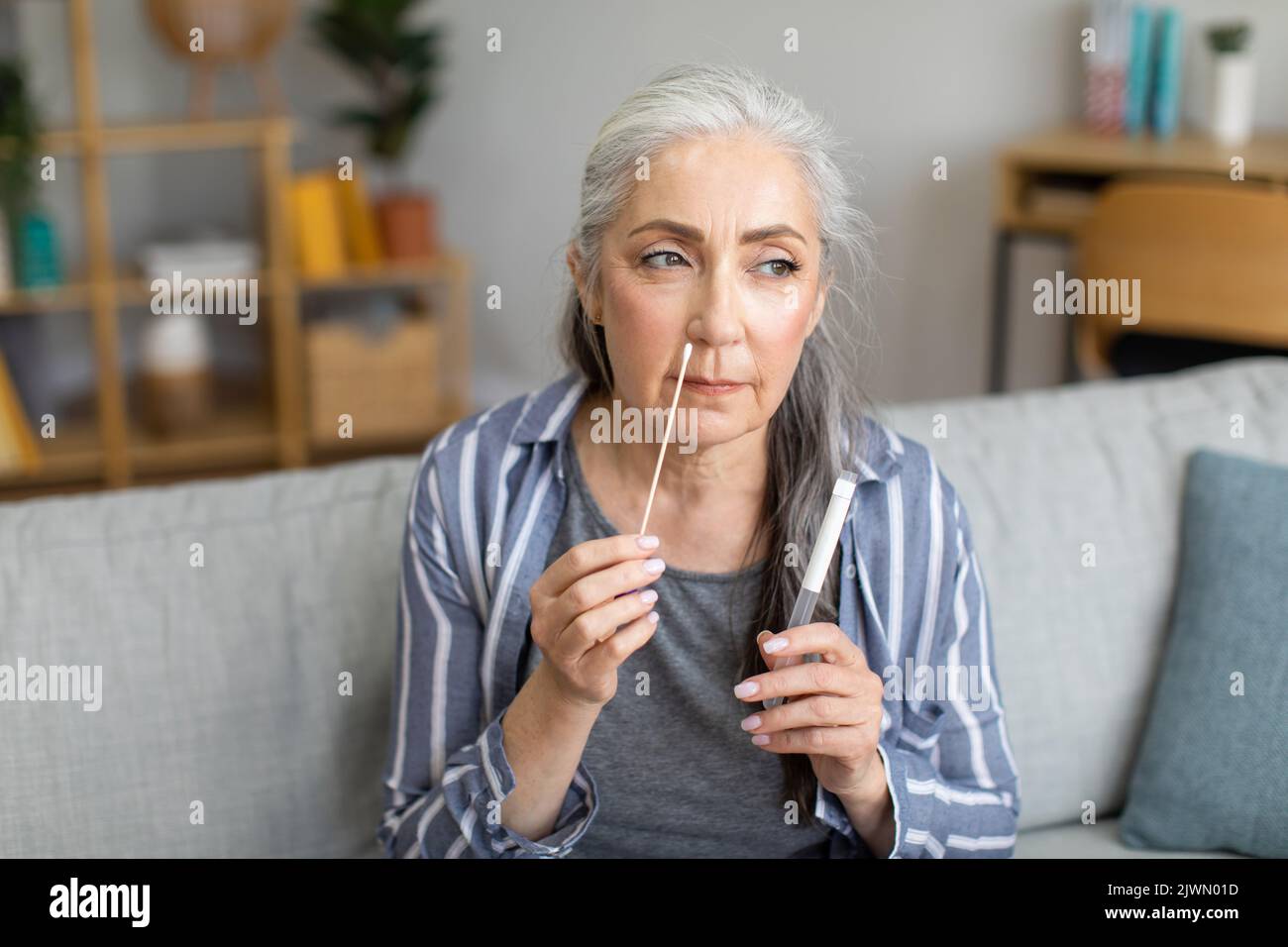 Concentrated caucasian old gray-haired lady doing covid-19 test by ...