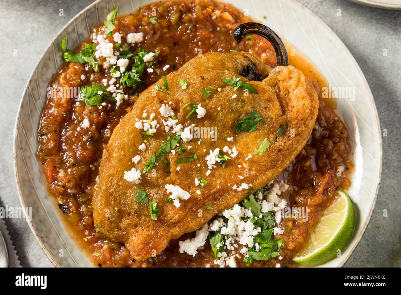 Homemade Fried Poblano Chili Relleno Stuffed with Cheese Stock Photo ...