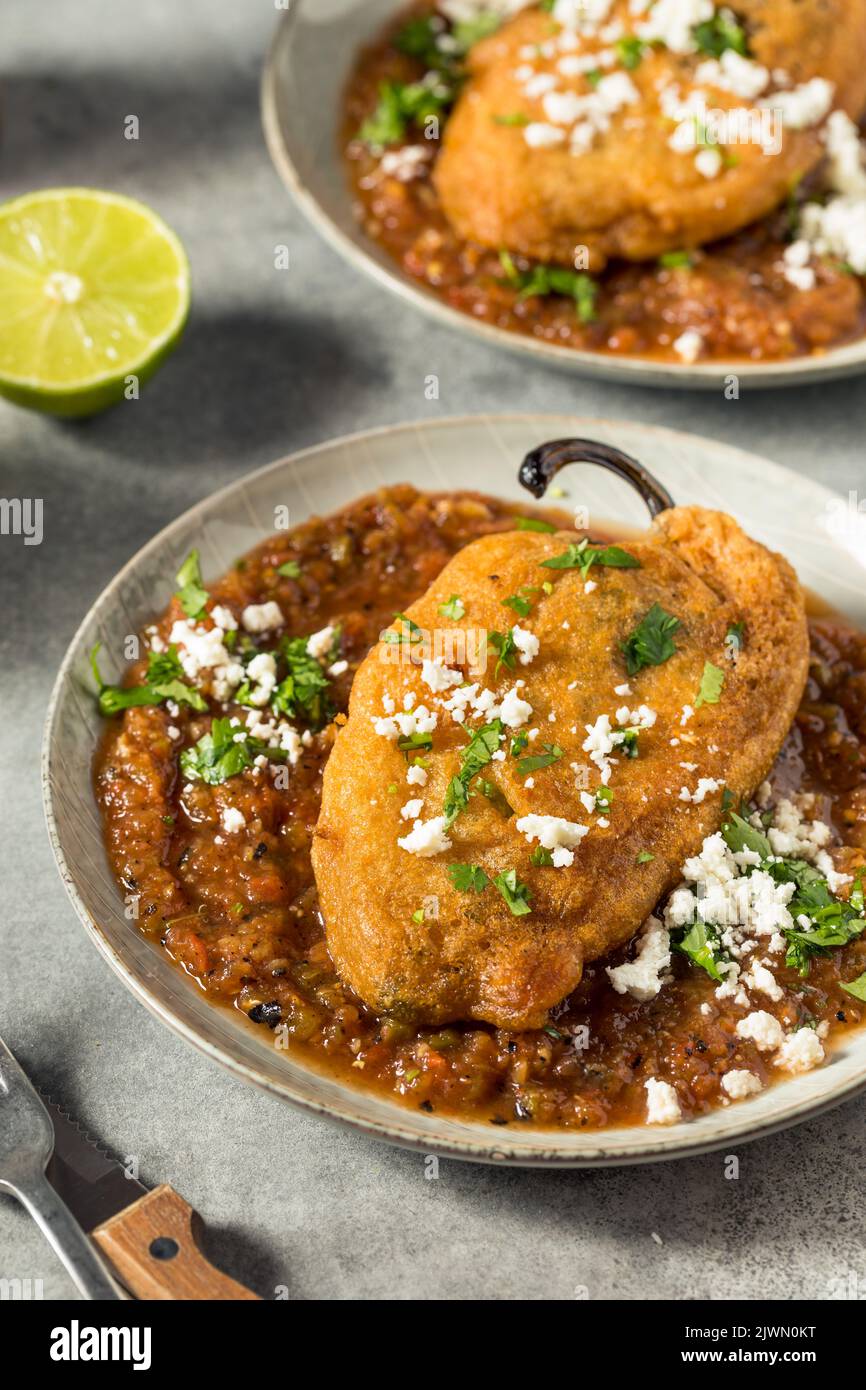 Homemade Fried Poblano Chili Relleno Stuffed with Cheese Stock Photo ...