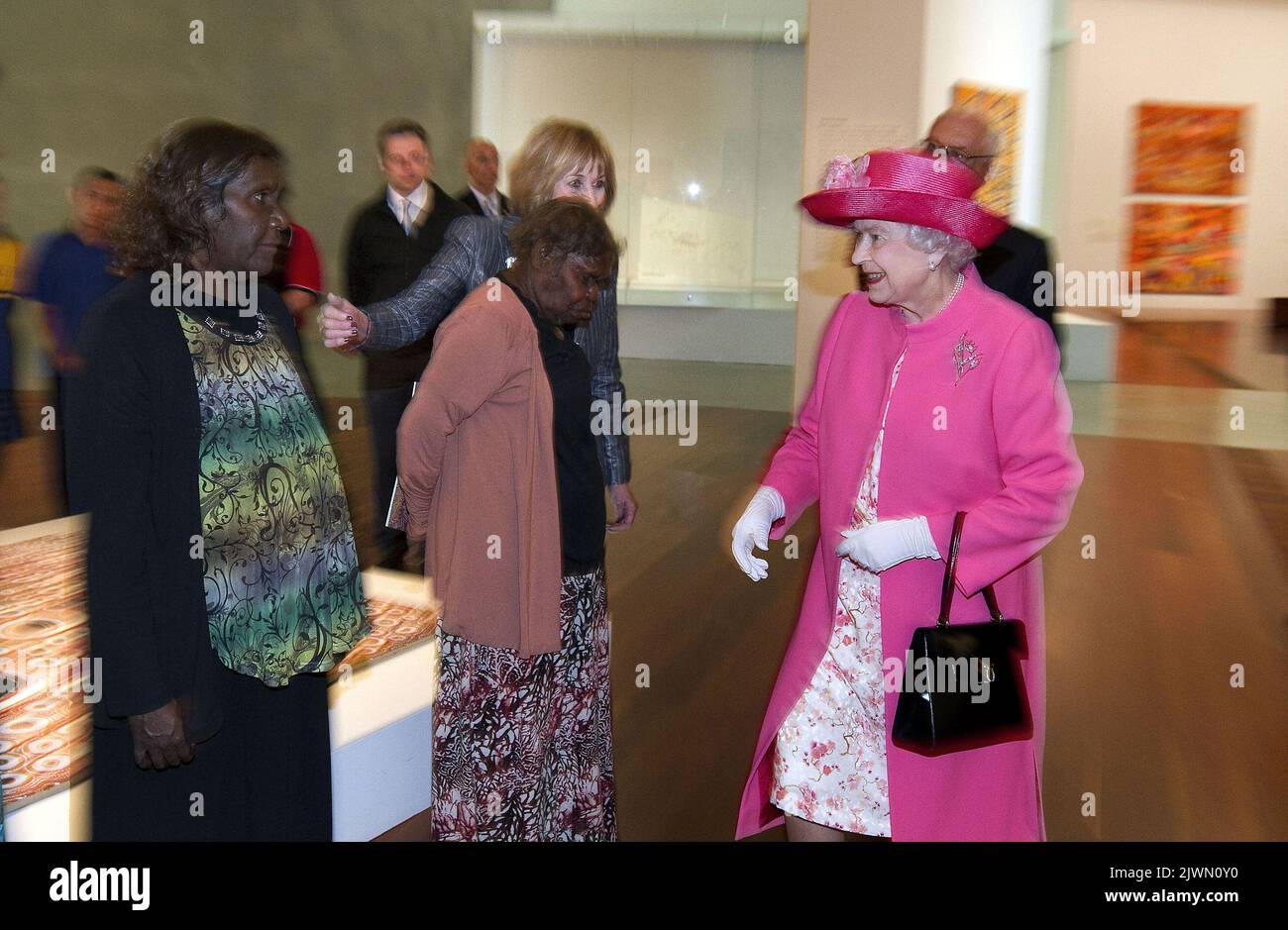Queen Elizabeth II, right, meets with aboriginal artists Debbie Hansen ...