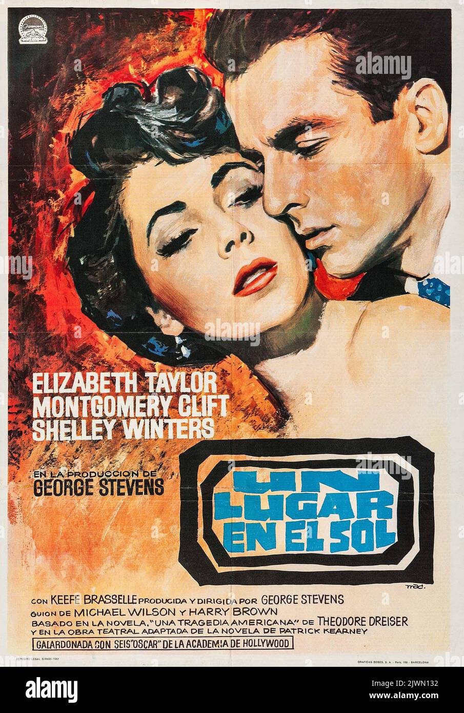 A Place in the Sun (Paramount, R-1967). Spanish One Sheet film poster ...