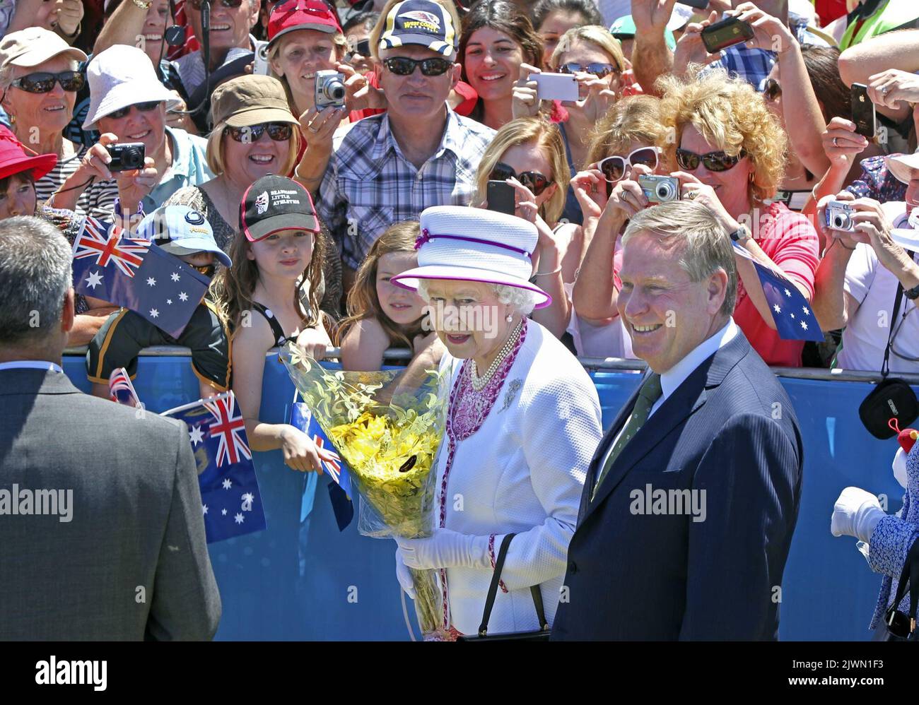 Queen Elizabeth ll and Premier Colin Barnett greet the crowd at the ...