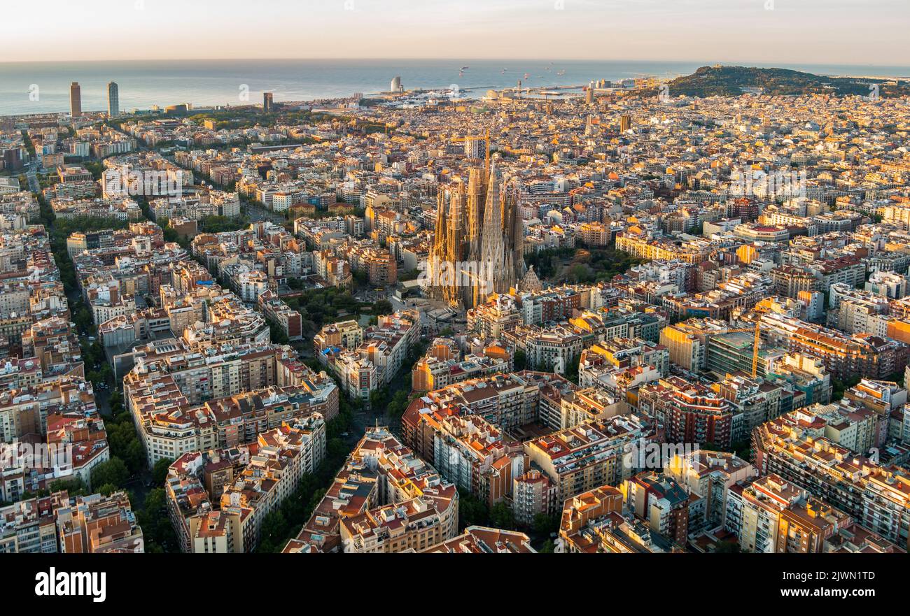 Aerial view of Barcelona Eixample residential district and Sagrada ...