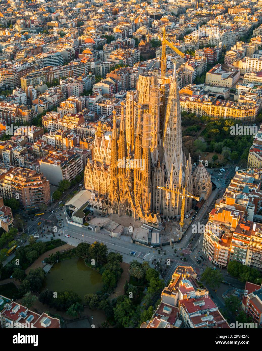 Aerial view of Sagrada Familia Cathedral in Barcelona, Catalonia, Spain ...