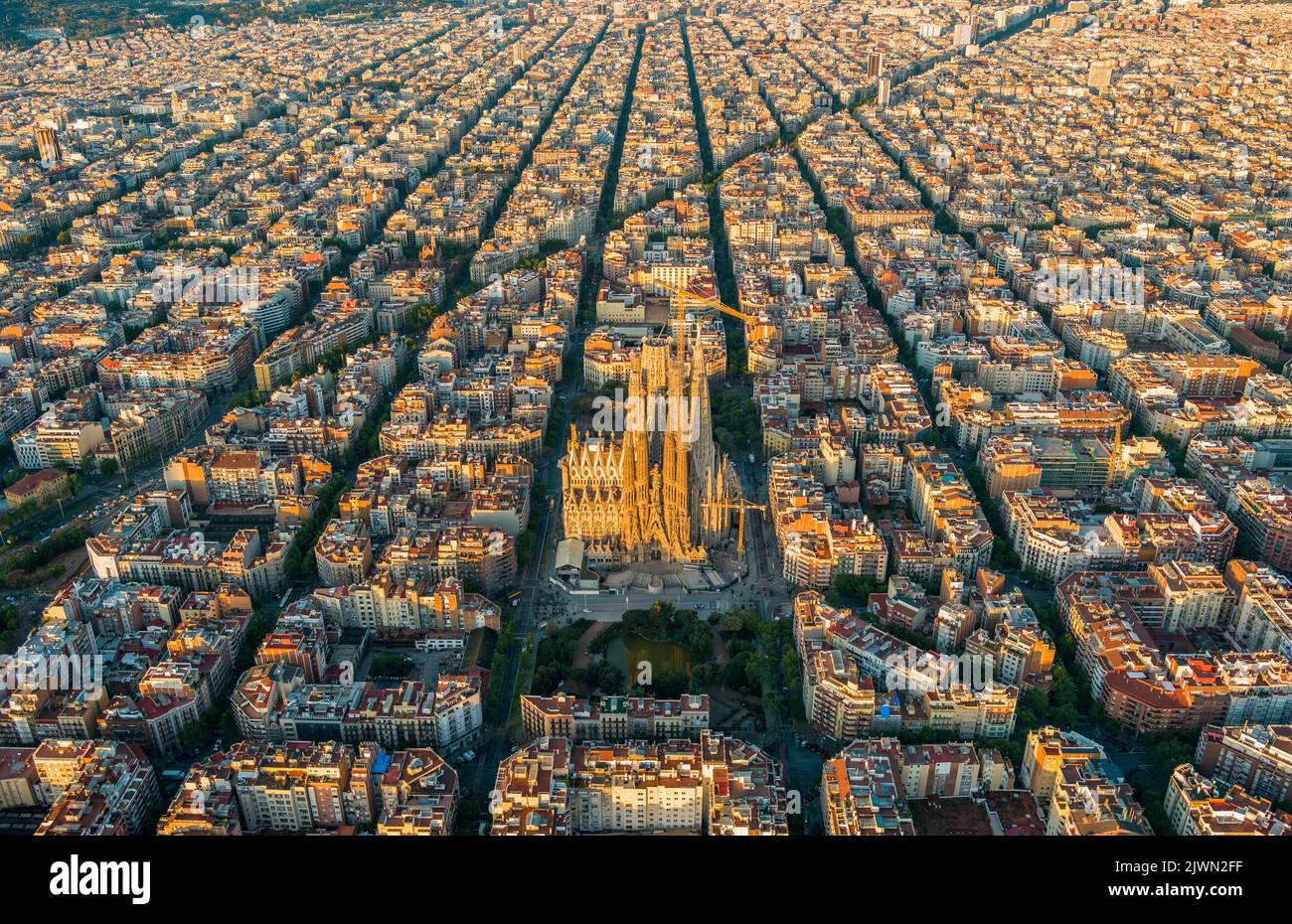 Aerial view of Sagrada Familia Cathedral in Barcelona, Catalonia, Spain ...
