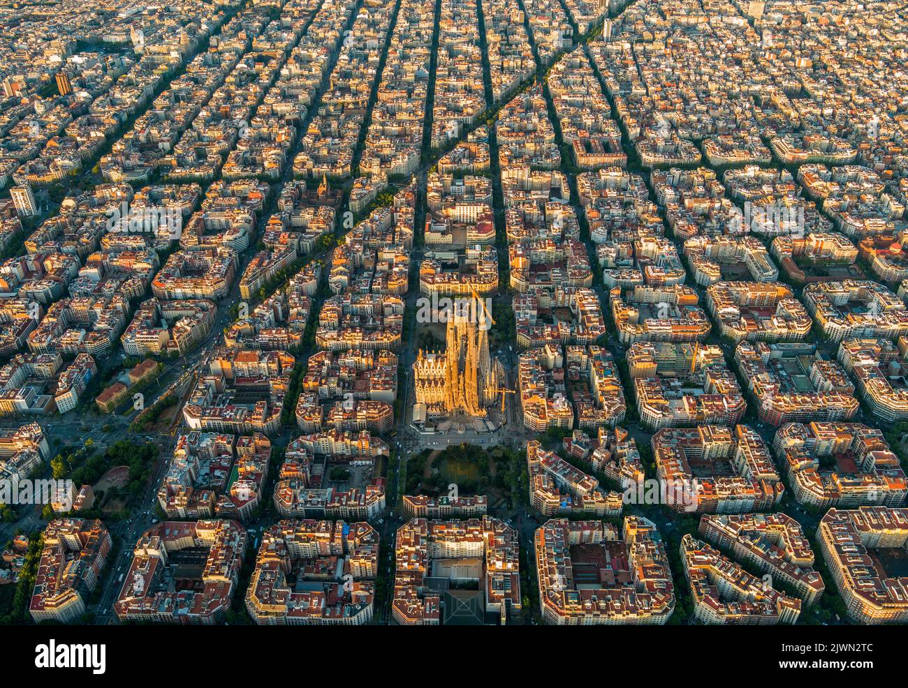 Aerial view of Barcelona Eixample residential district and Sagrada ...