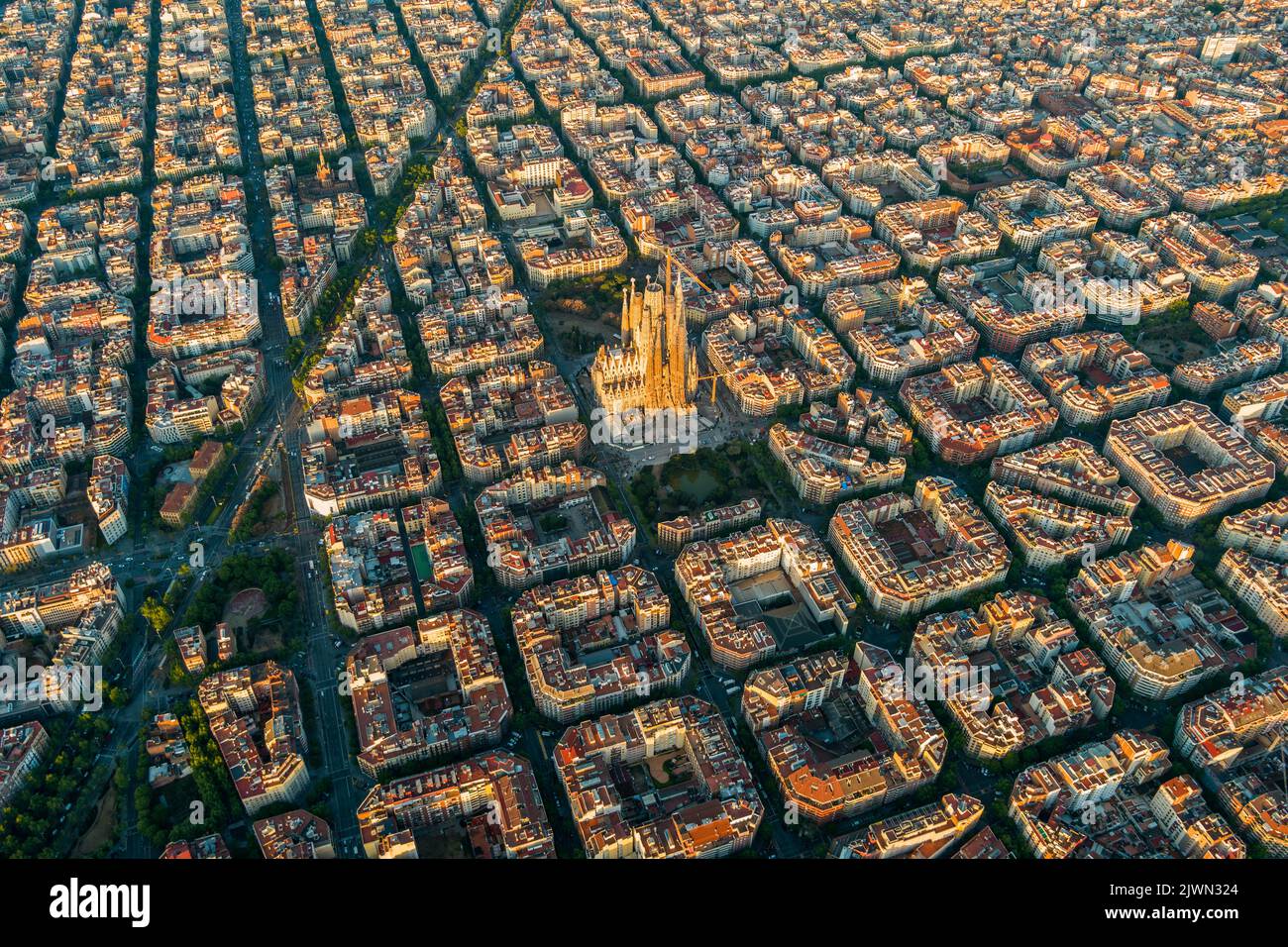Aerial view of Sagrada Familia Cathedral in Barcelona, Catalonia, Spain ...