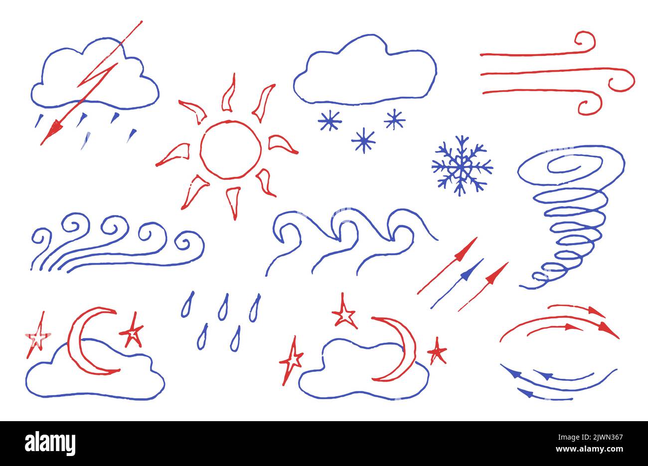 Weather web icons set drawn by color pencils, doodles vector ...