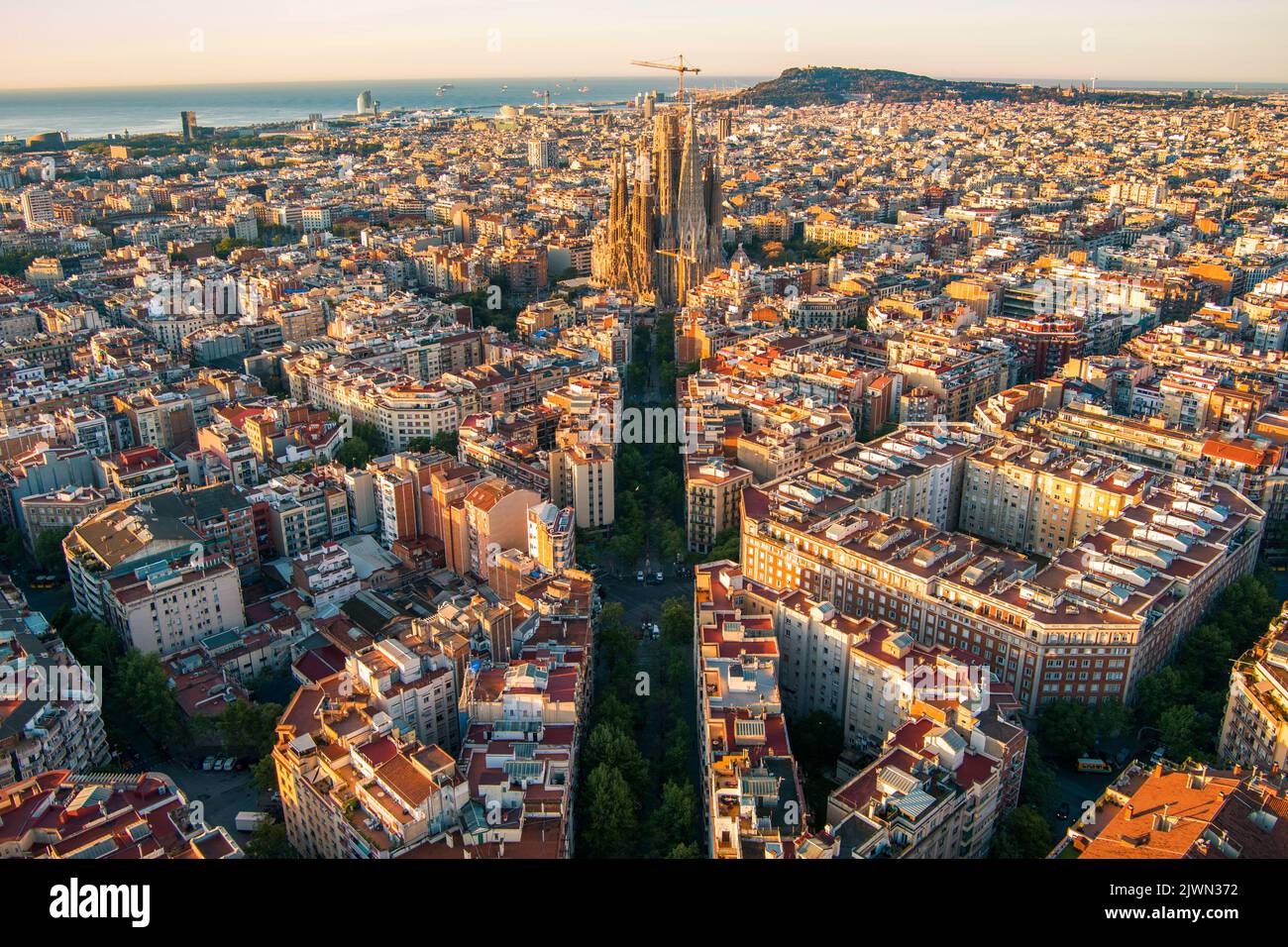 Aerial view of Barcelona Eixample residential district and Sagrada ...