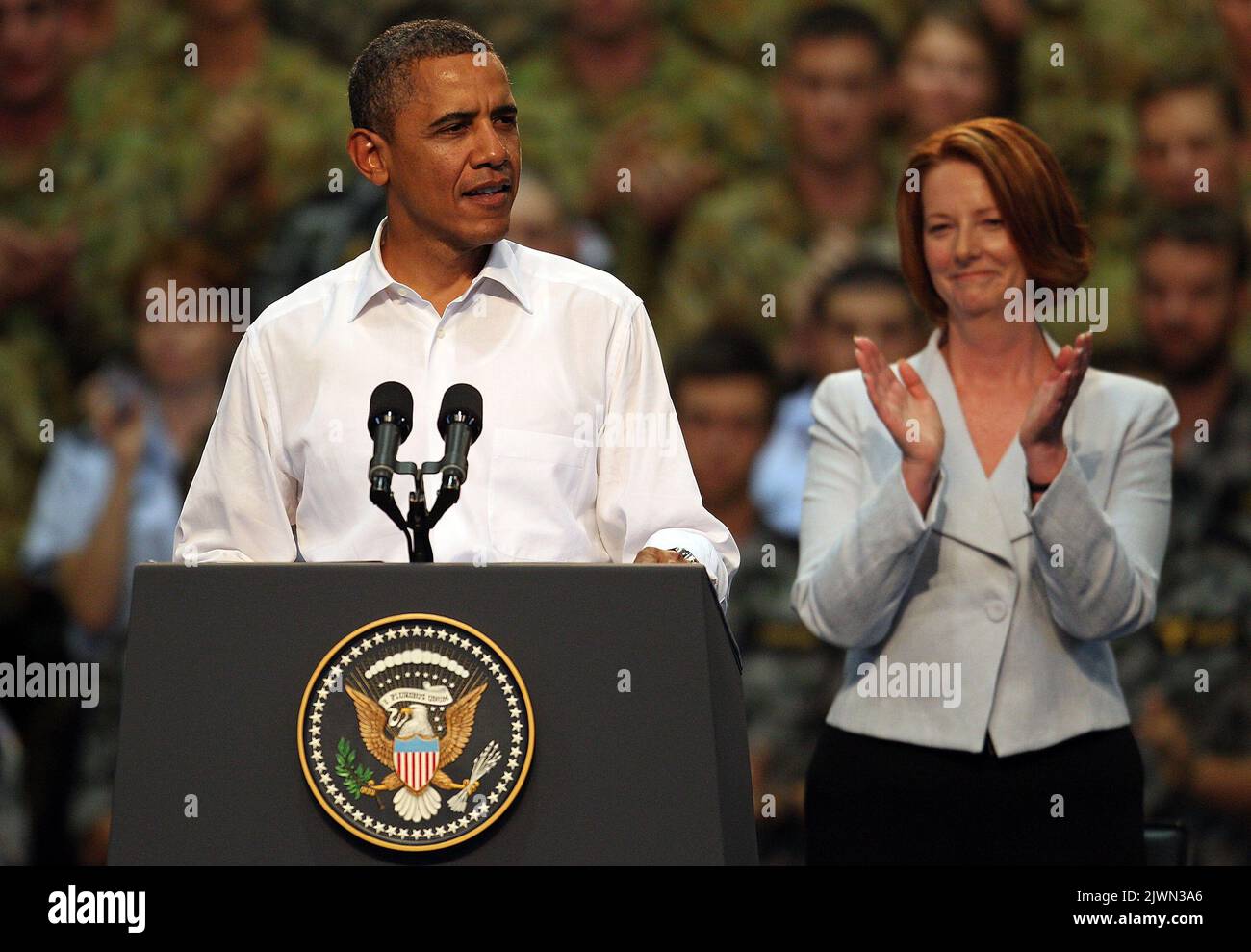 U.S. President Barack Obama addresses the troops at RAAF Darwin as ...