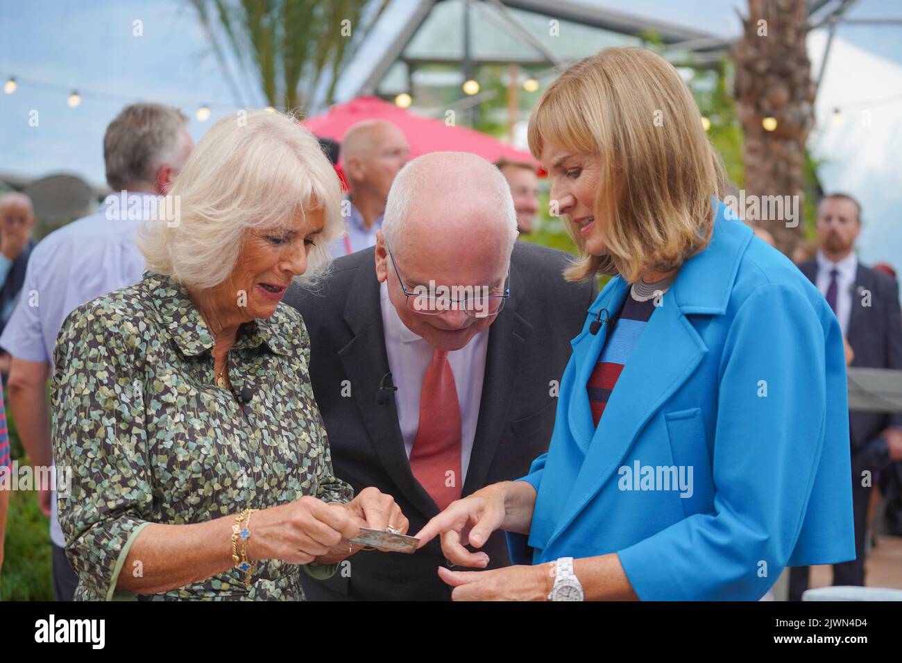 The Duchess of Cornwall (left) with BBC presenter Fiona Bruce during a ...