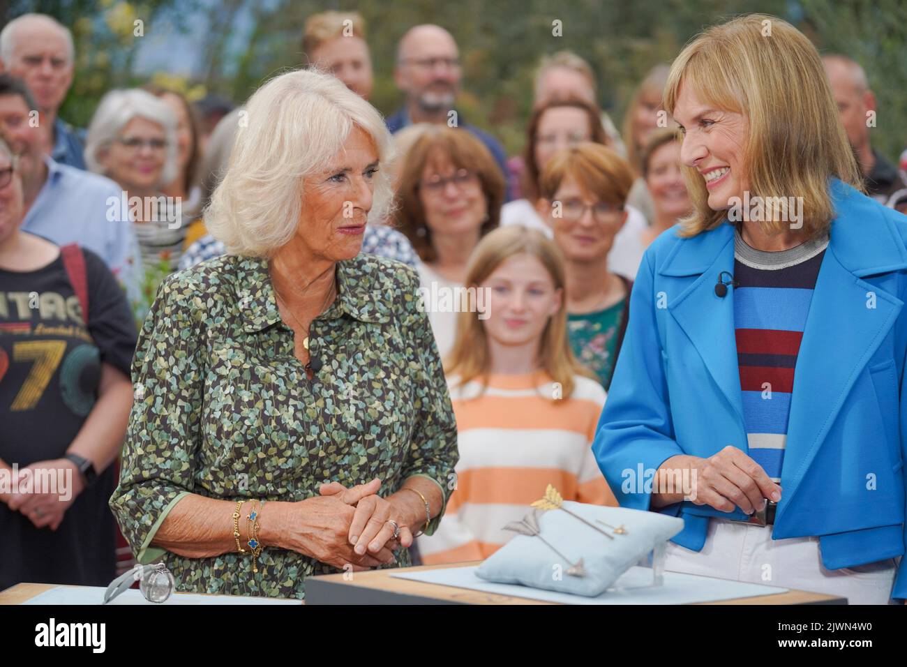 The Duchess of Cornwall (left) with BBC presenter Fiona Bruce during a ...