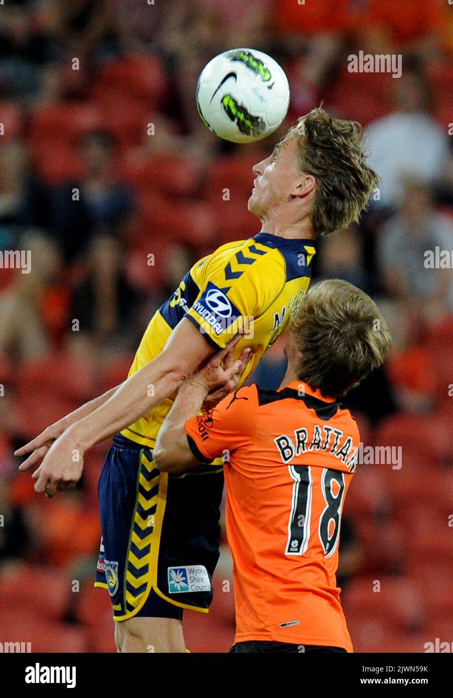 Mariners player Daniel McBreen heads the ball during the round 11 A ...
