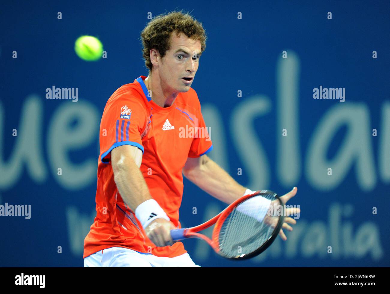 Andy Murray of Great Britain plays a backhand return during his first ...