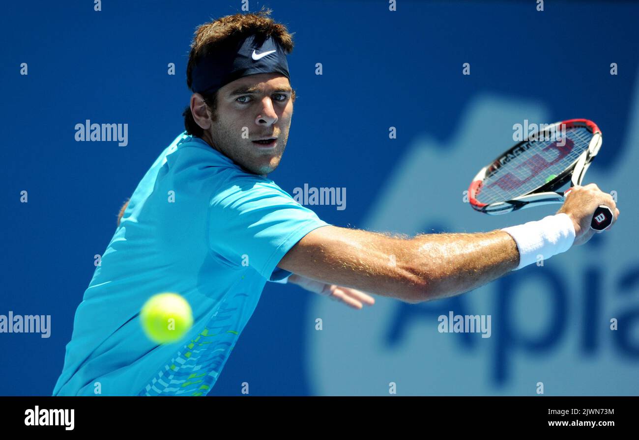 Argentina's Juan Martin del Potro returns a shot against Lukasz Kubot ...