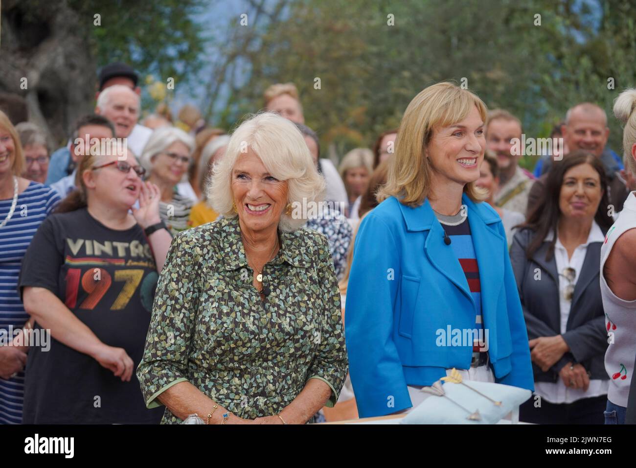 The Duchess of Cornwall (left) with BBC presenter Fiona Bruce during a ...