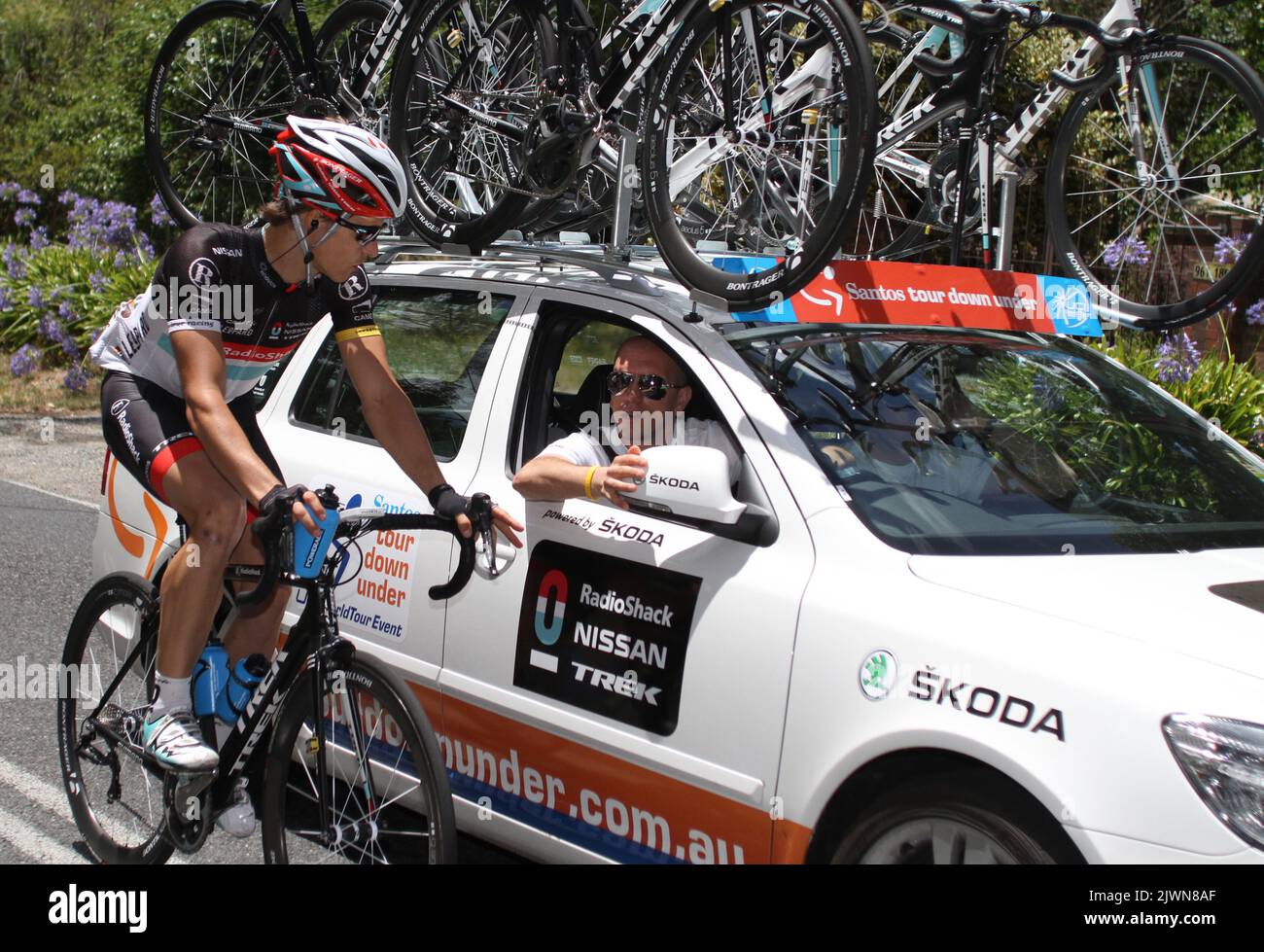 Linus Gerdemann (GER) from team RadioShack-Nissan-Trek (LUX) talks with ...