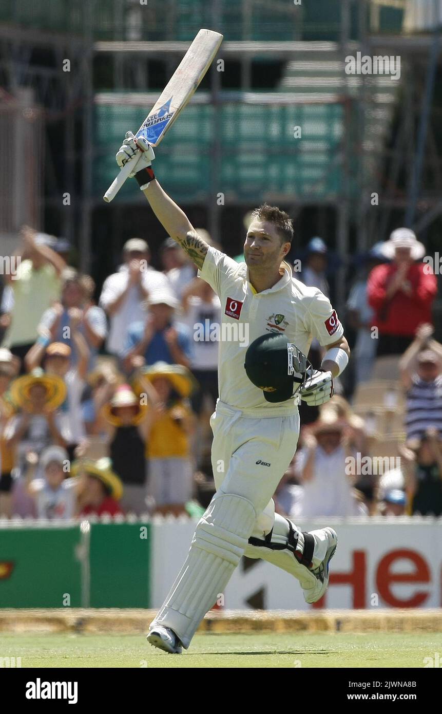 Michael Clarke of Australia celebrates his 200 runs on day 2 of the ...