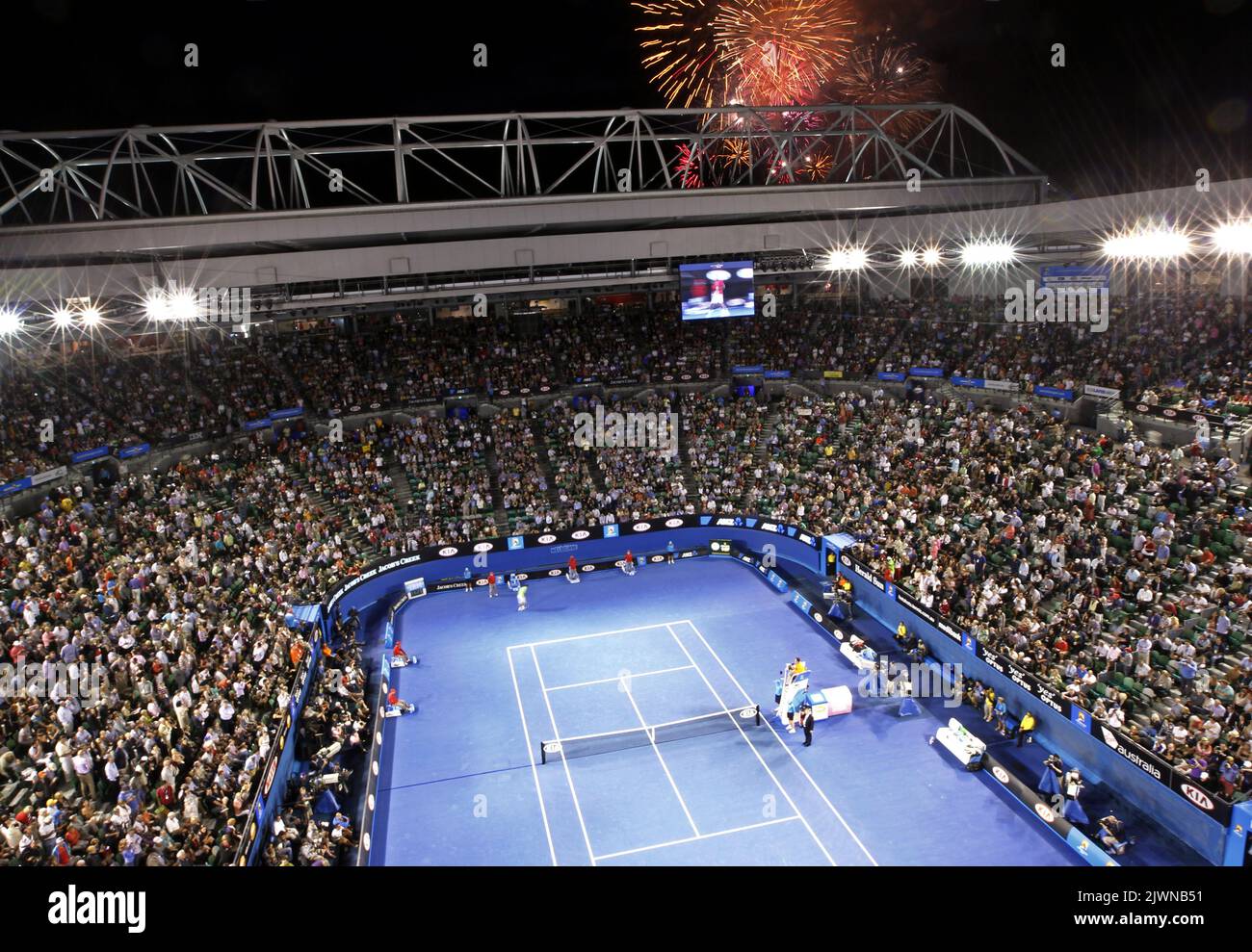 Fireworks explode over Rod Laver arena during the men's singles semi ...
