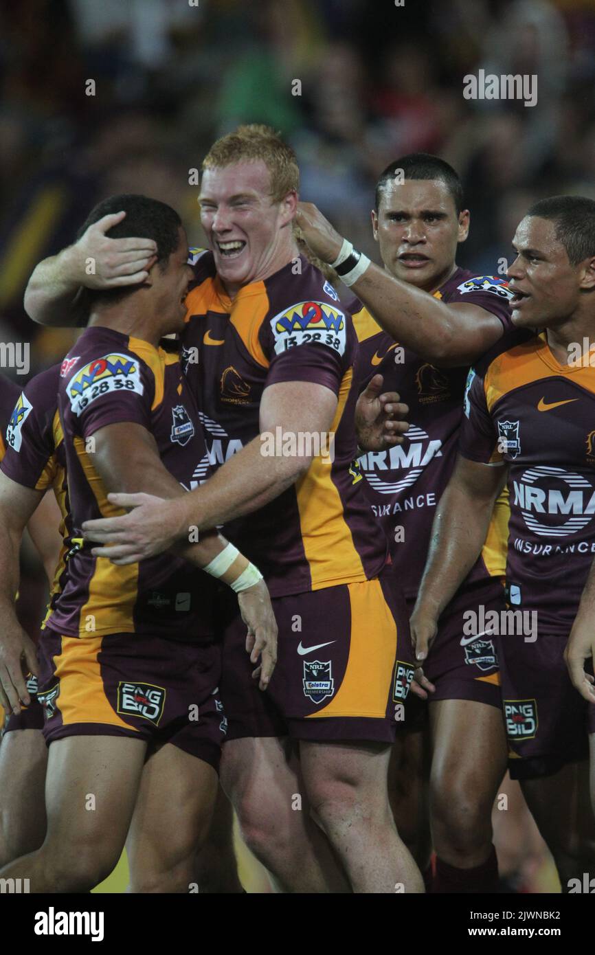 Jack Reed celebrates his first try for the Broncos during the NRL round ...
