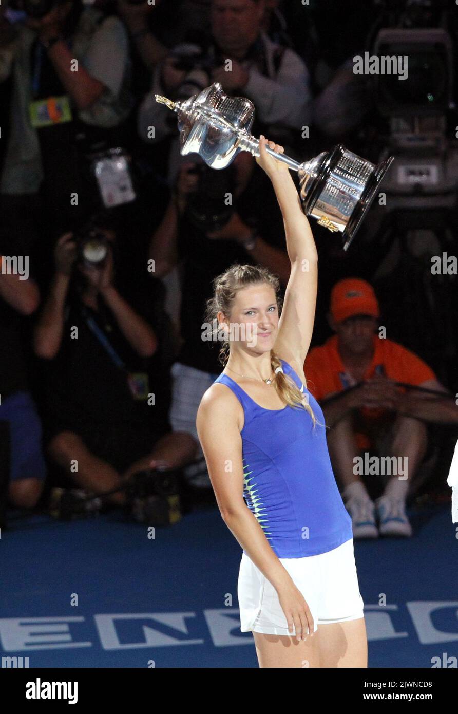 Victoria Azarenka of Belarus holds the women's final trophy after ...