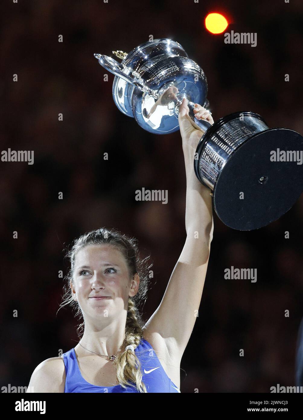 Victoria Azarenka of Belarus holds the winner's trophy after she ...