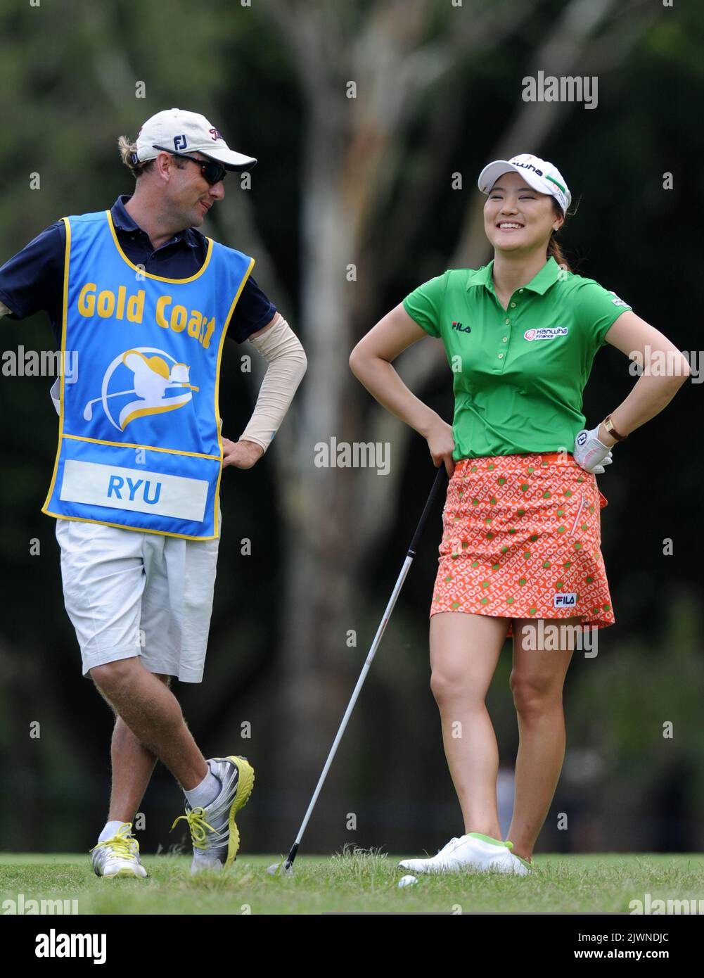 Korean golfer So Yeon Ryu (right) smiles with her Caddy during the 3rd ...