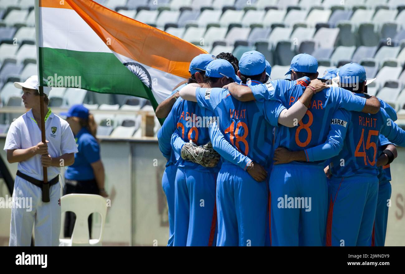 The Indian team huddle before play in the One Day International cricket ...