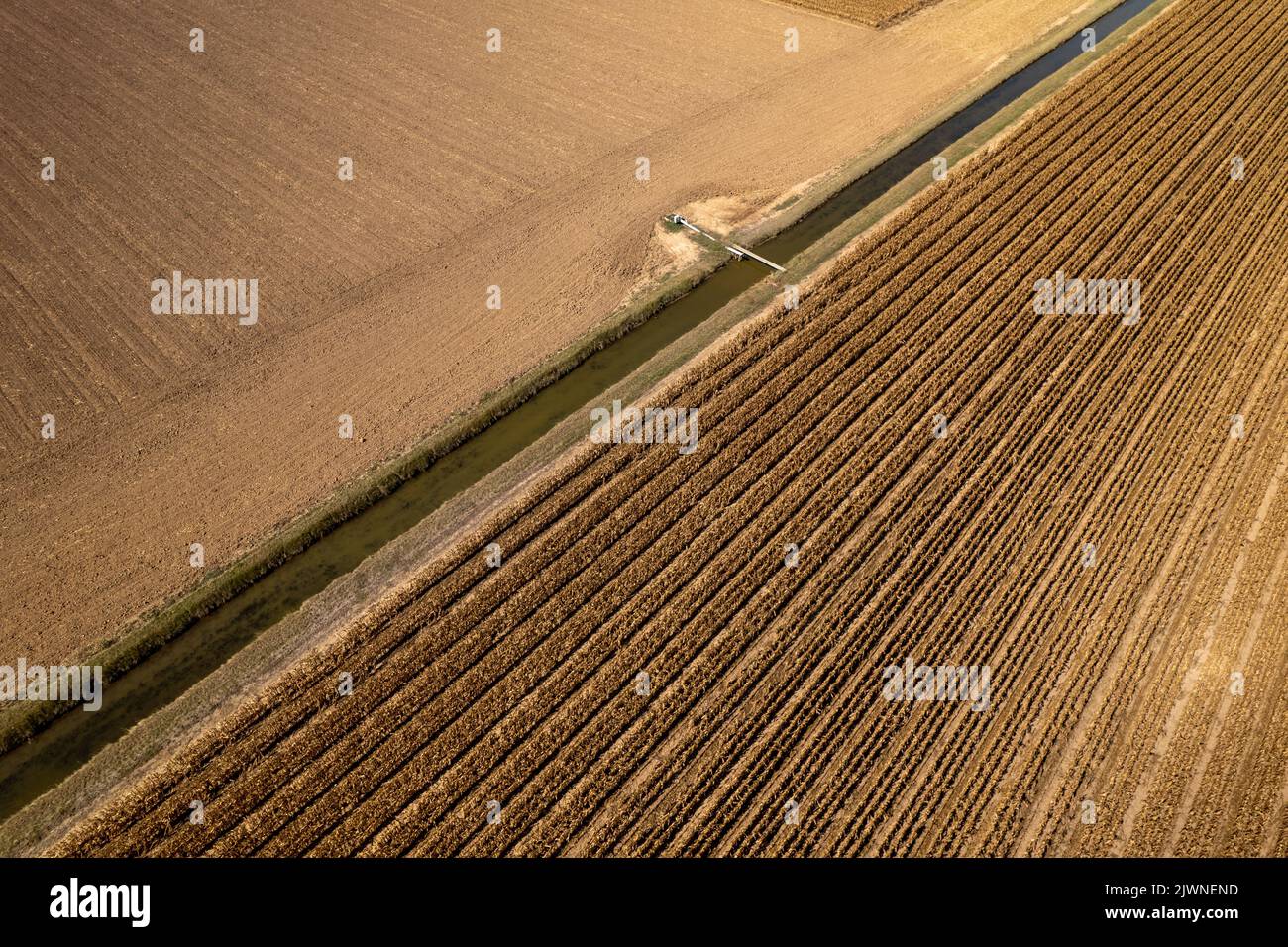 Aerial view of a very dry corn field after harvest in August, Gironde ...