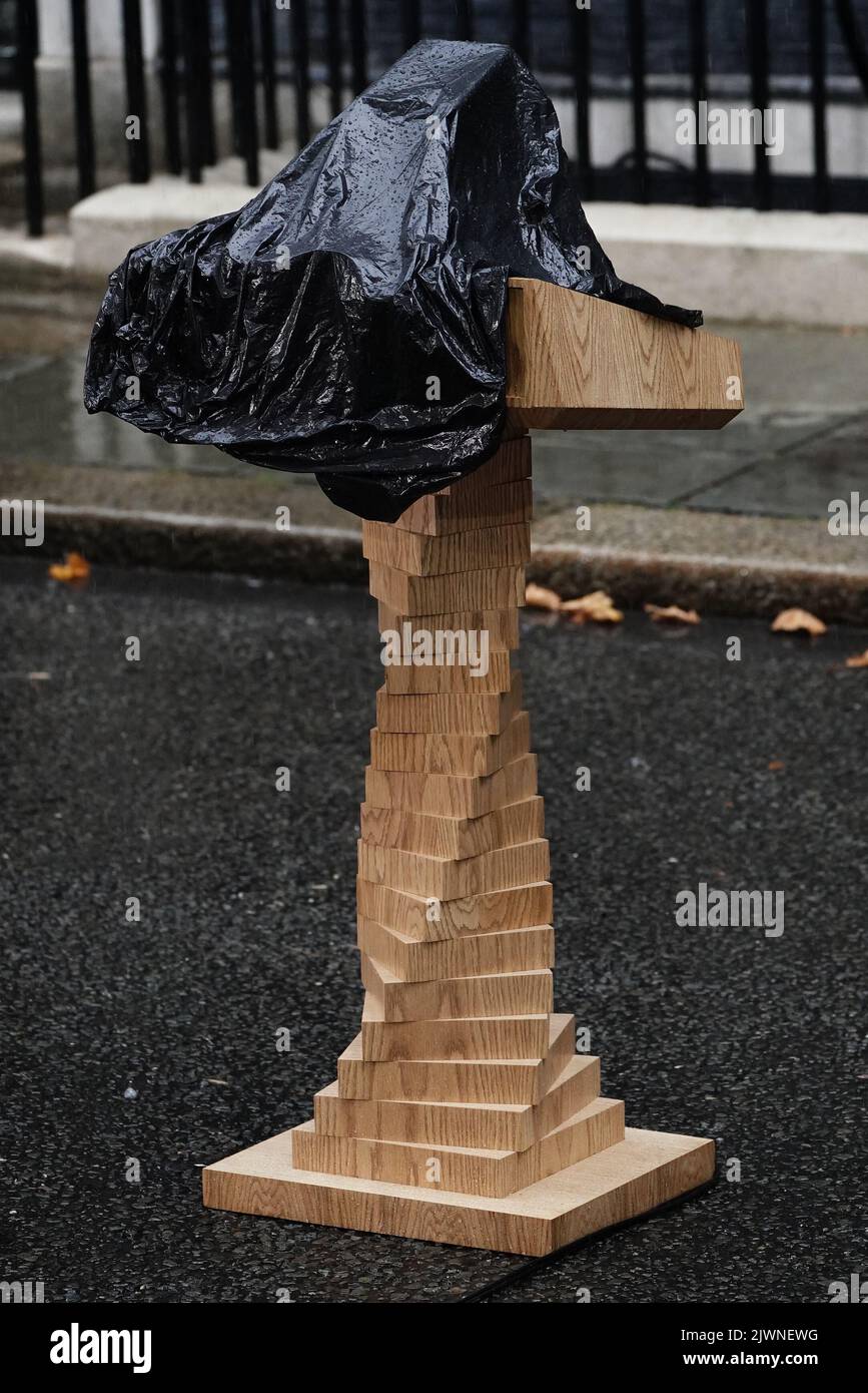 The lectern for new Prime Minister Liz Truss' speech is covered in a ...