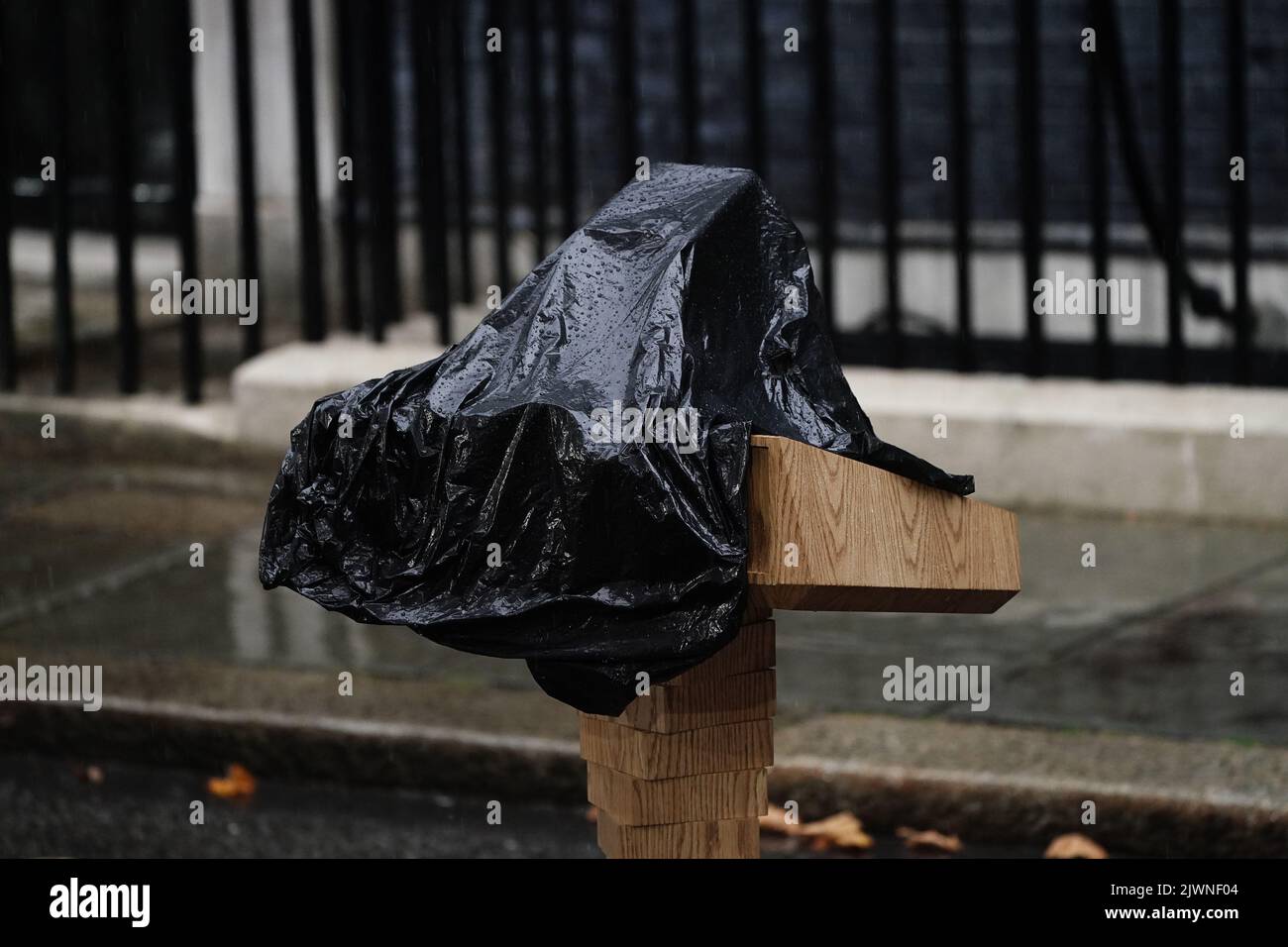 The lectern for new Prime Minister Liz Truss' speech is covered in a ...