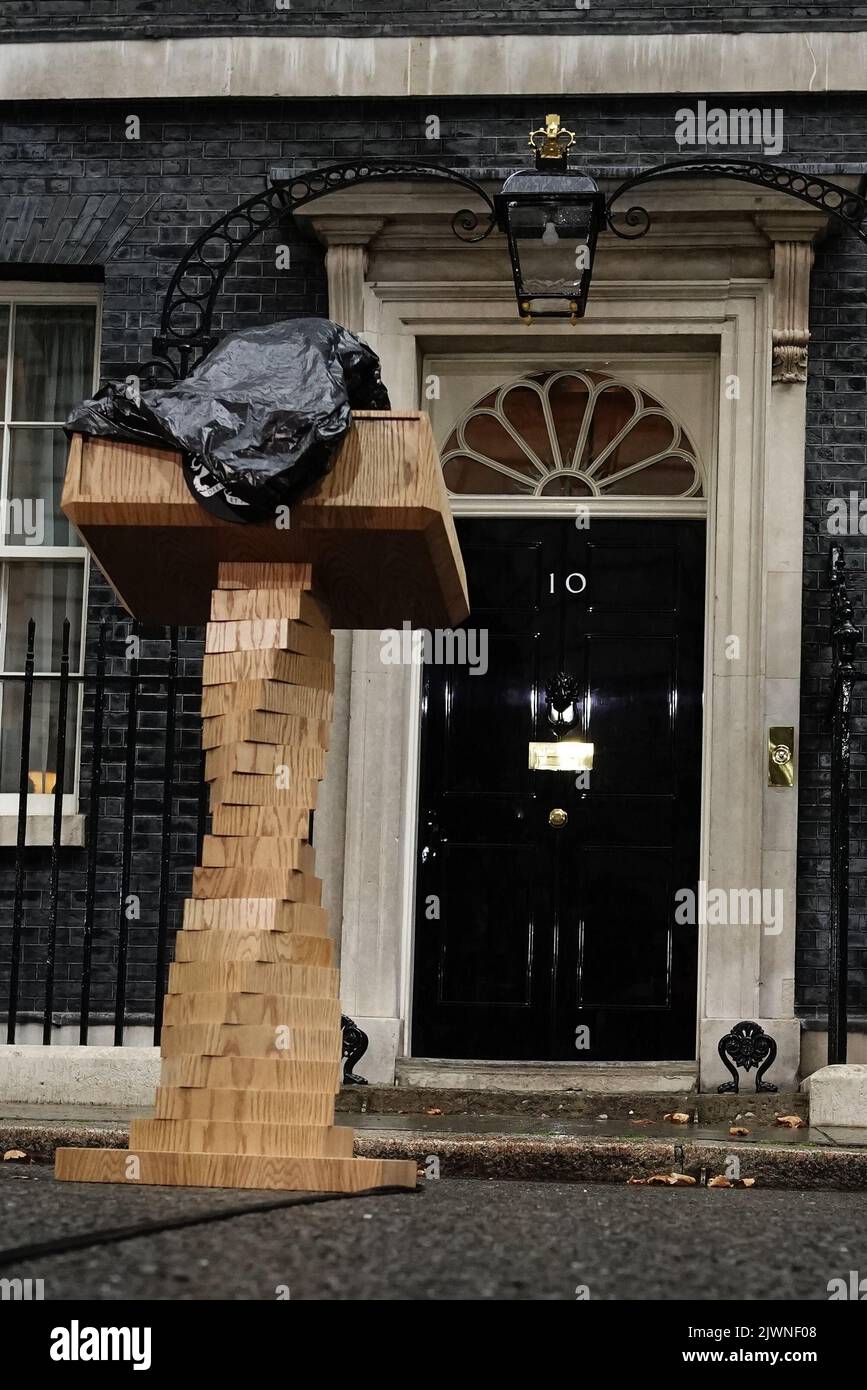 The lectern for new Prime Minister Liz Truss' speech is covered in a ...