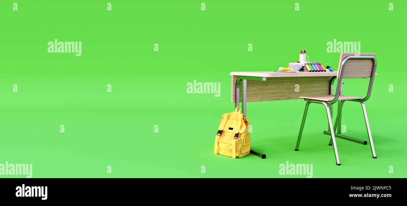 Modern school desk with school accessories and yellow backpack on neon ...