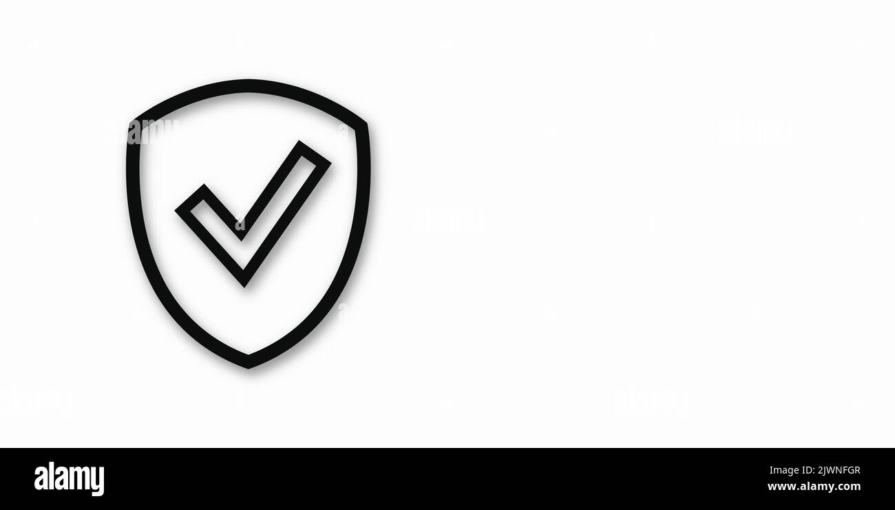 Black icon of a shield and a check mark. Place for text. Copy space ...