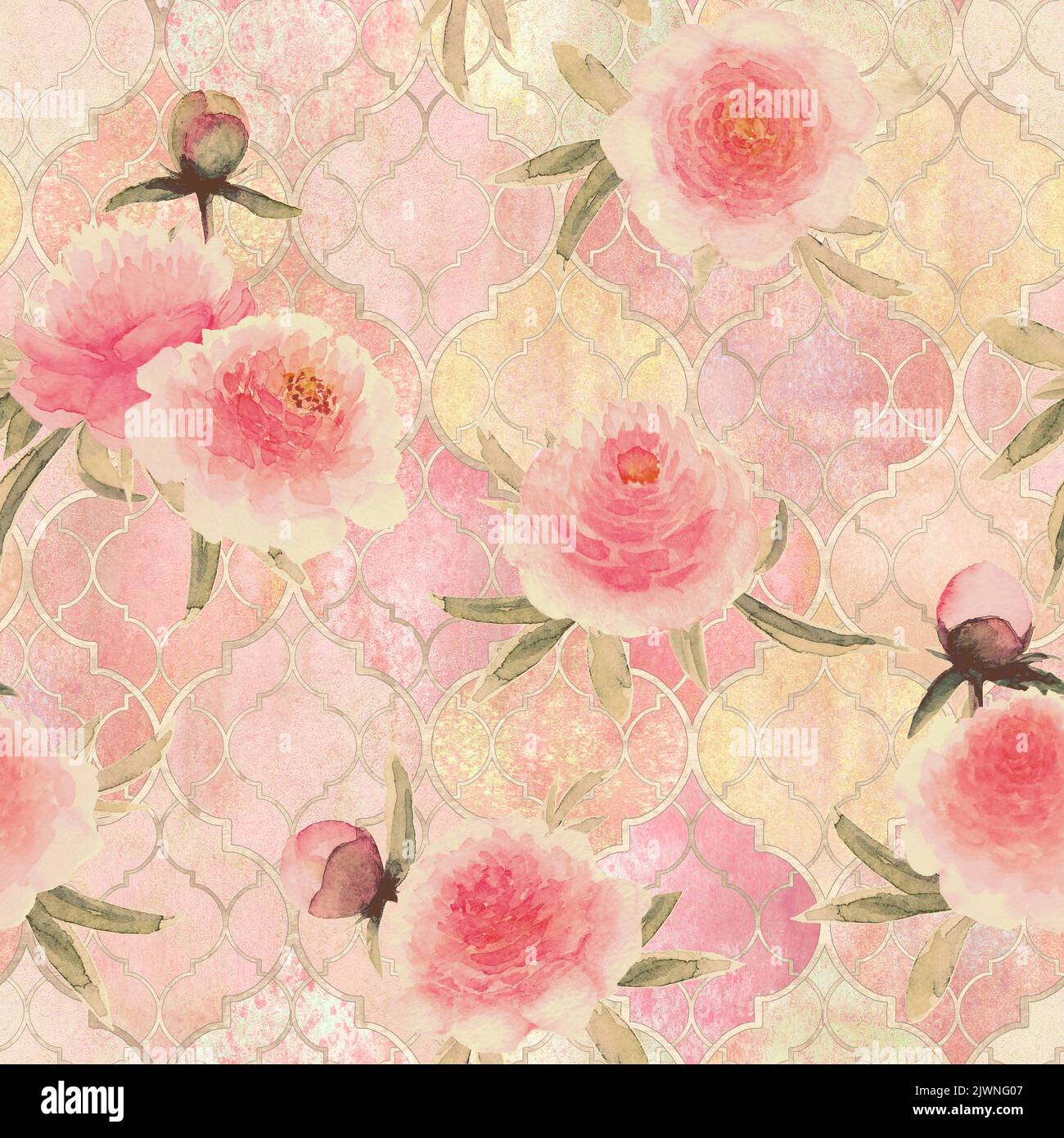 Vintage floral moroccan seamless pattern with pink peonies flowers and ...